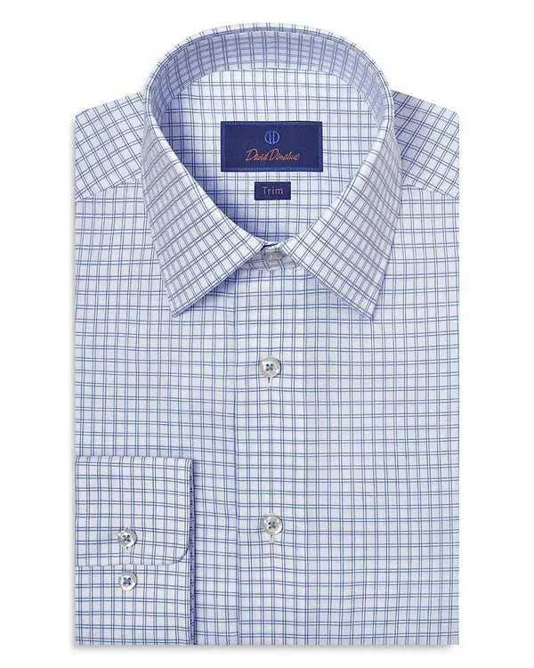 David Donahue Trim Fit Dobby Check Dress Shirt - White/ Blue