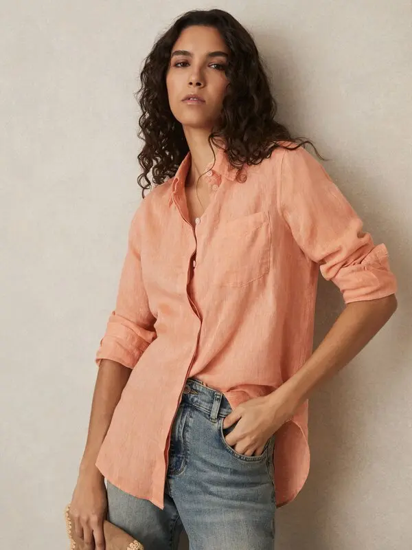 REISS Belle Linen Button-through Shirt - Orange