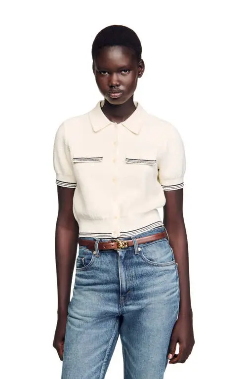 Sandro Short-sleeved Ribbed Cardigan - Ecru