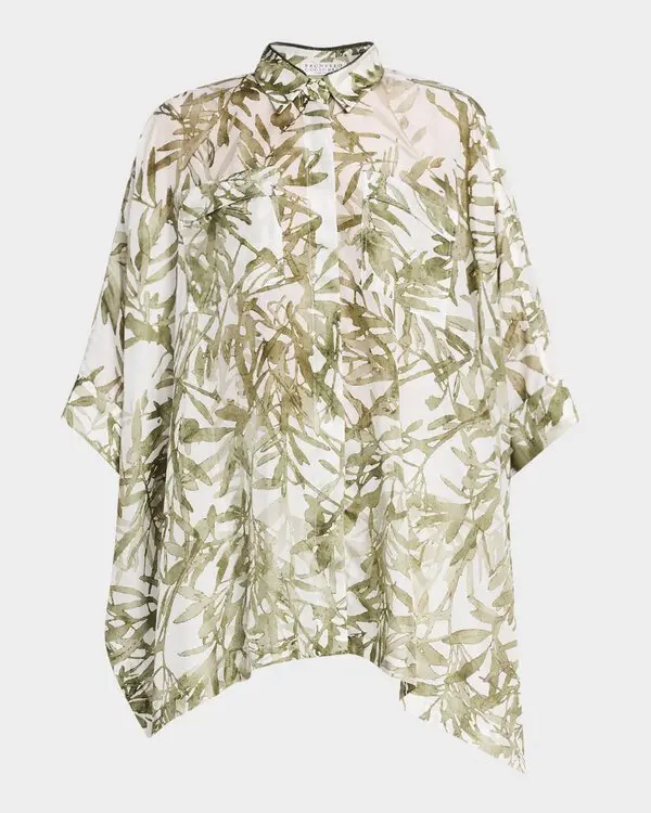 Brunello Cucinelli Herbarium-print Silk Ponge Top - C6001 Panama And Gre
