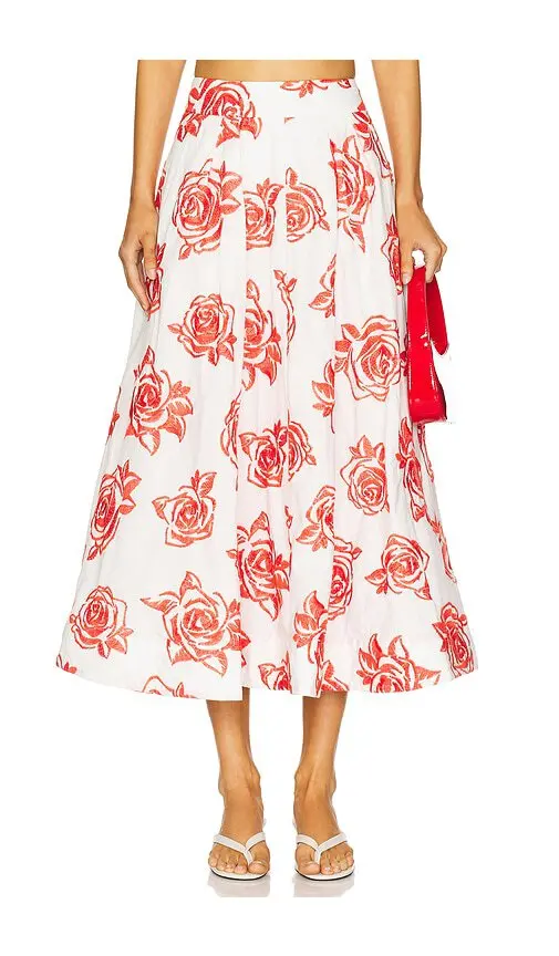 MILLY Juliet Rose Midi Skirt - Red & White