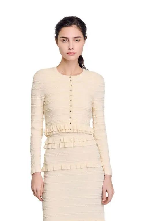 Sandro Ruffled Knit Cardigan - Ecru