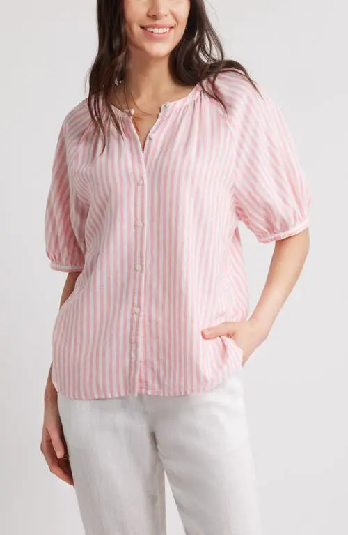 Caslon Stripe Linen Blend Puff Sleeve Top - Pink- White Brianne Stripe