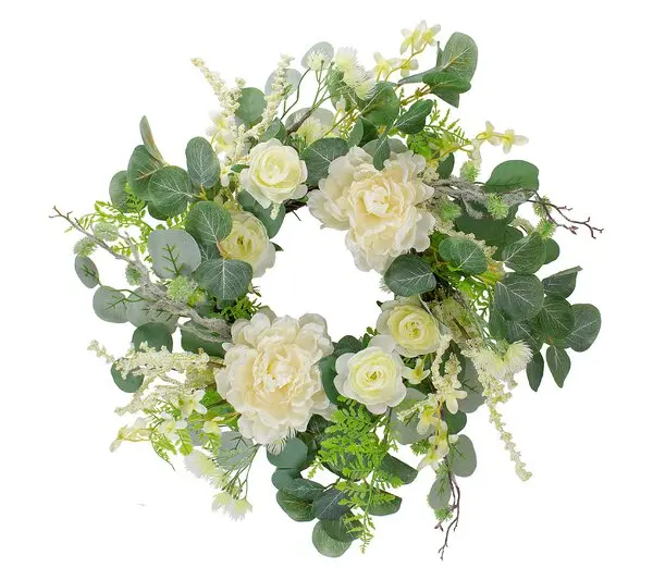 NORTHLIGHT Peony Rose And Mixed Foliage Springwreath