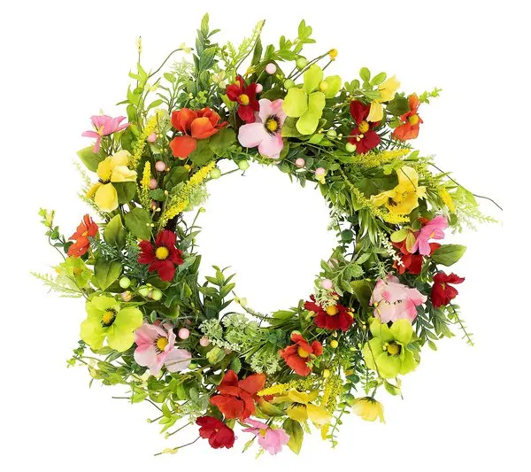 NORTHLIGHT Poppy And Eucalyptus Spring Wreath - One-color