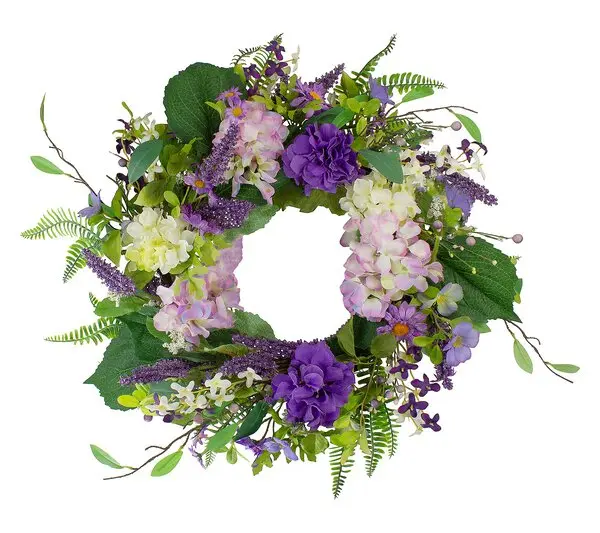 NORTHLIGHT Hydrangea And Foliage Spring Floral Twig Wreath - One-color