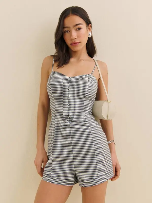 REFORMATION Blanca Romper - Slate Check