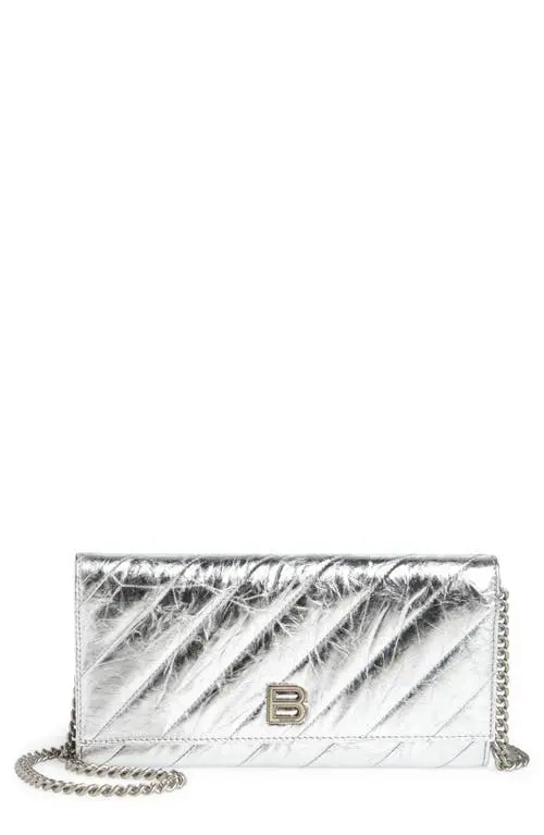 Balenciaga Crush Metalic Leather Wallet On A Chain - Silver
