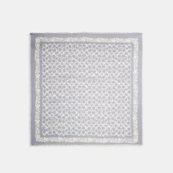 Coach Signature Rose Meadow Print Oversized Square Scarf - Grey Blue