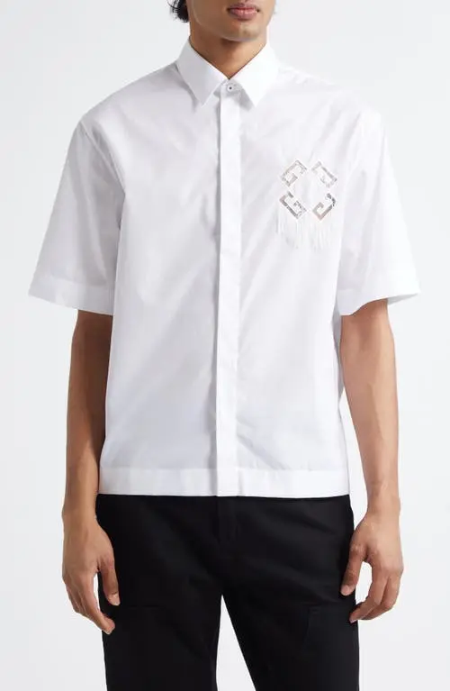 Givenchy Dripping Cutout Logo Short Sleeve Cotton Button-up Shirt