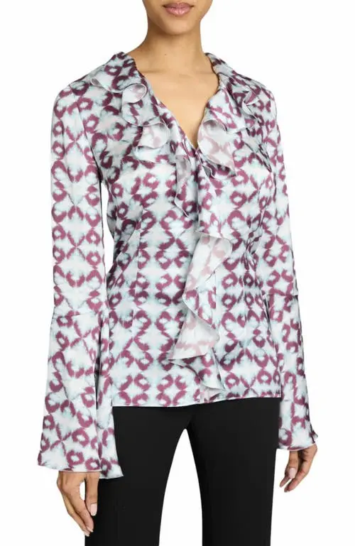 Santorelli Sydney Printed Charmeuse Blouse With Ruffles - Ocean Mist