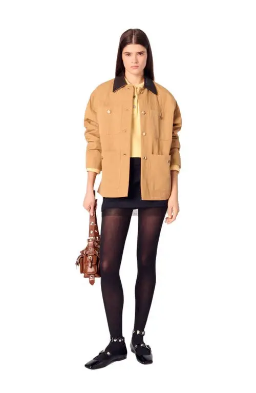 Maje Cotton Coat With Leather Collar - Beige