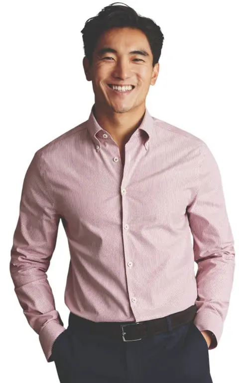 CHARLES TYRWHITT Non-iron Stretch Pinpoint Oxford Stripe Shirt - Maroon Red