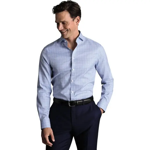 CHARLES TYRWHITT Non-iron Twill Check Shirt - Sky Blue