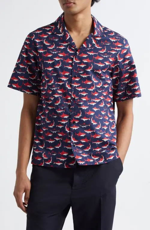Moncler Logo Shark Cotton Camp Shirt - Blue