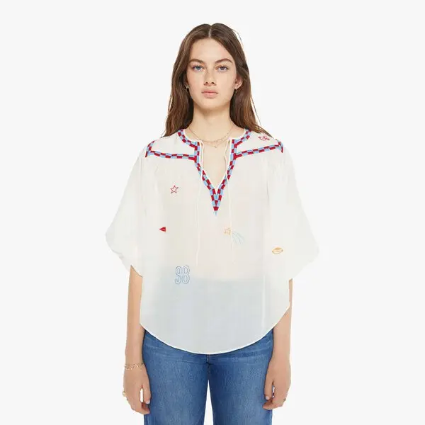 MOTHER The Breeze Yoke Embroidered Top - White
