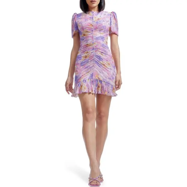 Dress The Population Chandler Floral Print Metallic Ruched Minidress - Dusty Rose Multi