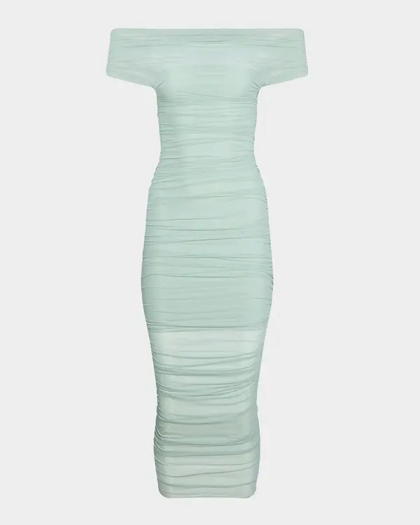 SER.O.YA Noel Off-shoulder Ruched Mesh Midi Dress - Frosted Sea