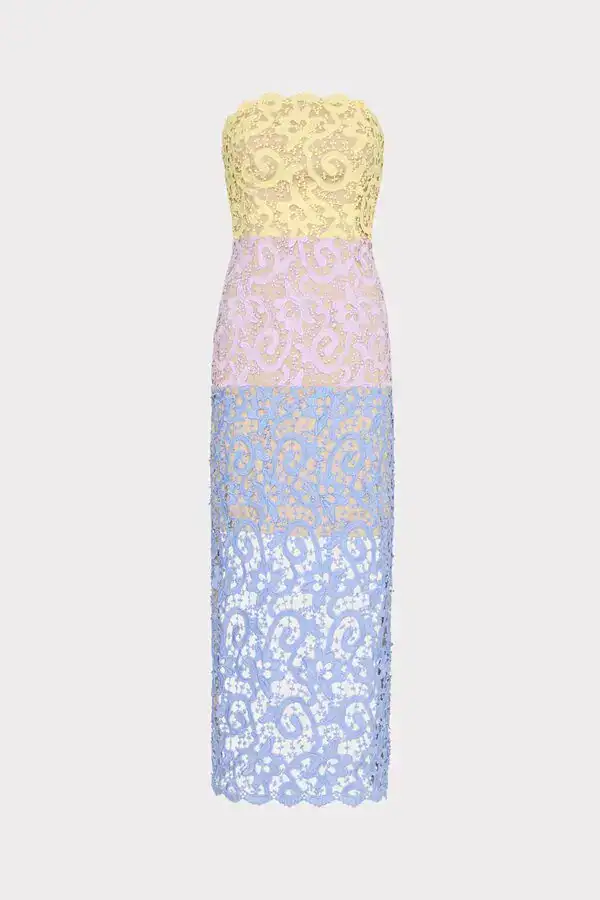 Milly Kait Trois Color Lace Midi Dress In Lavender/Blue/Yellow - 81% Off |  Editorialist