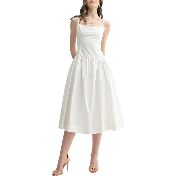 ALL IN FAVOR Drop Waist Cotton & Linen Midi Dress - White