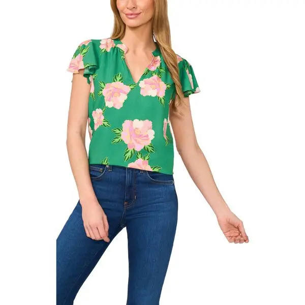 CECE DUPRAZ Floral Flutter Sleeve Top