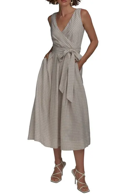 Donna Karan New York Gingham Linen Blend Faux-wrap Midi Dress