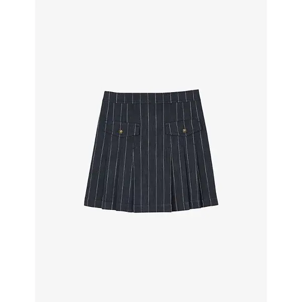 Sandro Striped Pleated Woven Mini Skirt - Bleus