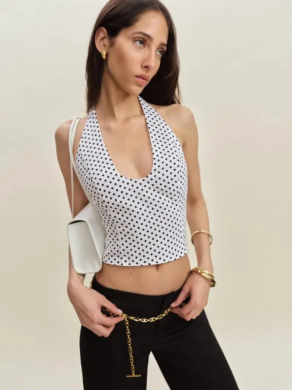 REFORMATION Sasha Linen Halter Top - Eclipse Dot