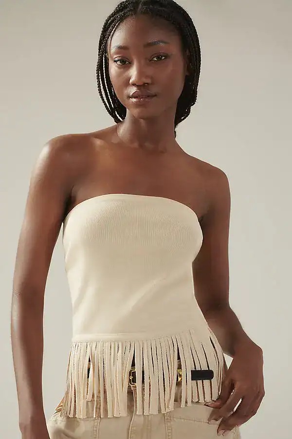 Endless Rose Fringe Tube Top Sweater In Beige - 29% Off | Editorialist