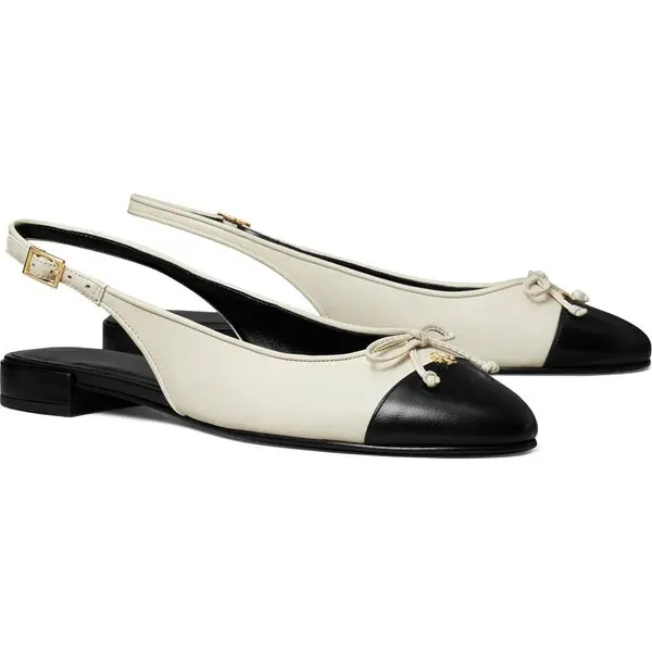 Tory Burch Slingback Cap Toe Flat - Light Cream / Perfect Black