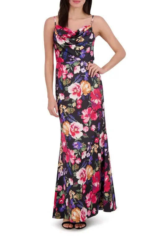 Vince Camuto Print Satin Gown - Black Multi