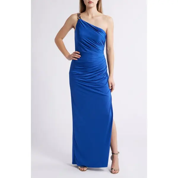 Vince Camuto Ruched Chain Detail One-shoulder Gown