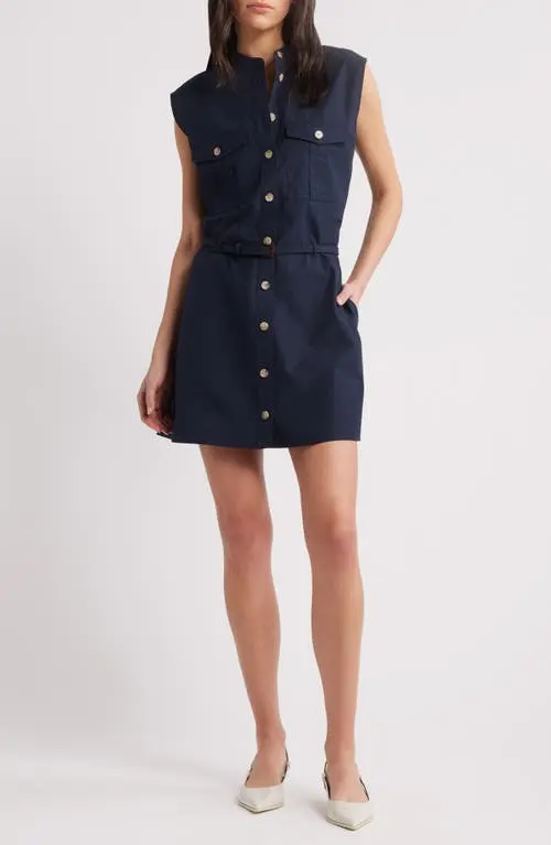 FRAME Cap Sleeve Cotton Safari Shirt Dress - Navy