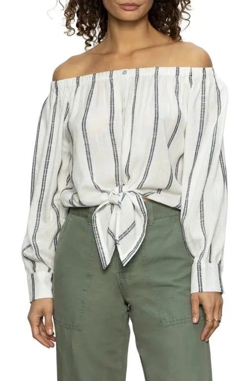 Sanctuary Off The Shoulder Ballet Tie Long Sleeve Shirt - White/ Navy Stripe