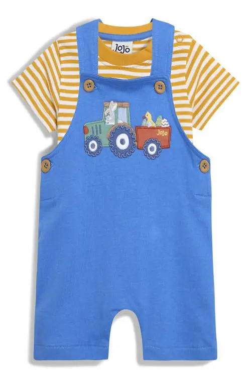 JOJO MAMAN BEBE Stripe Cotton T-shirt & Tractor Overalls Set - Blue