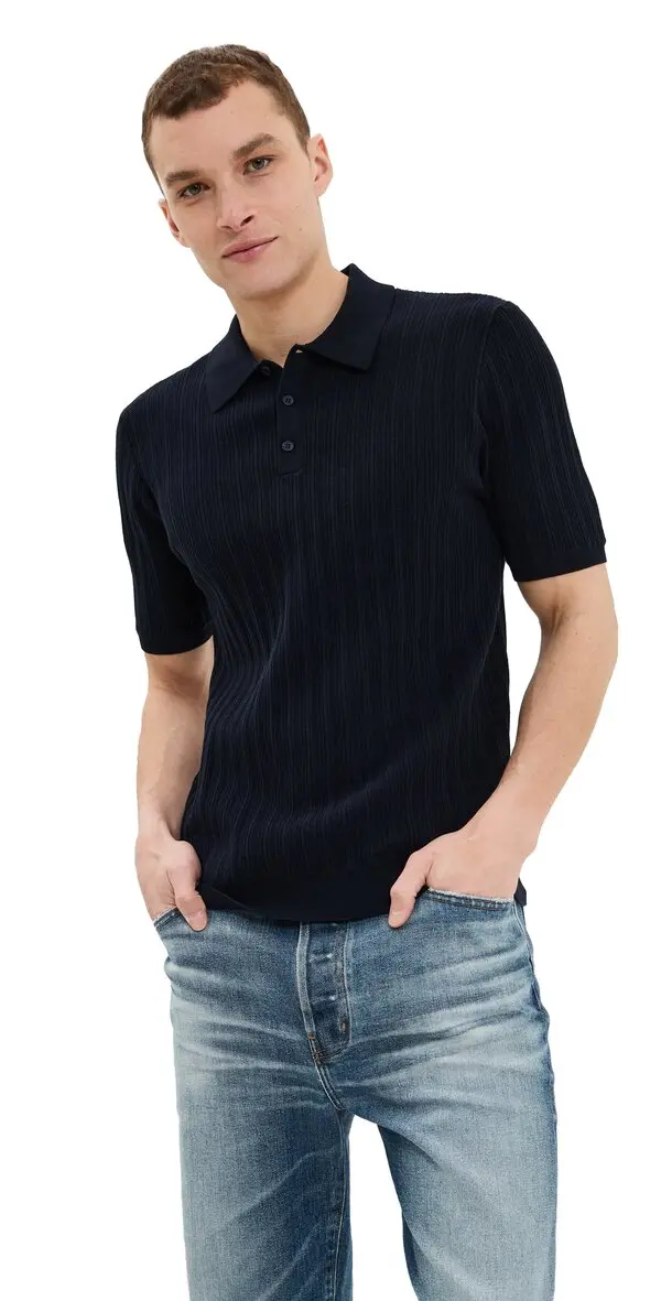 WAX LONDON Vertical Knit Naples Knit Polo - Midnight
