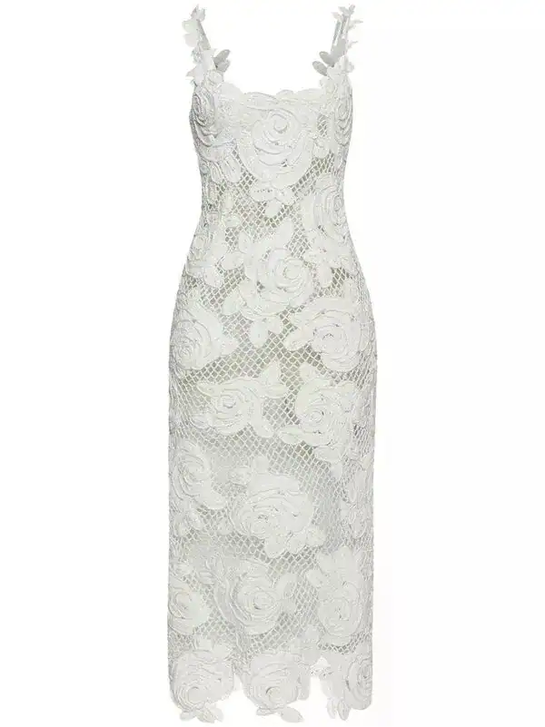 Oscar De La Renta Rose-Embroidered Crochet-Knit Midi Dress In White - 50%  Off | Editorialist
