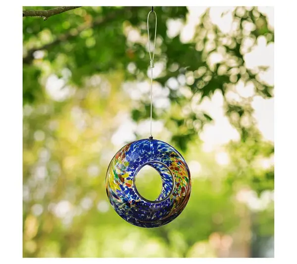 GLITZHOME 8' Artisan Glass Round Hanging Mosaic Birdfeeder