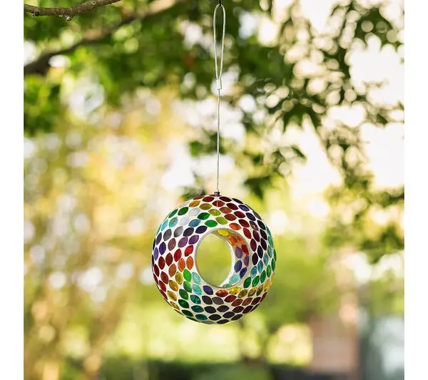 GLITZHOME 8 Glass Rainbow Round Hangin G Bird Eeder