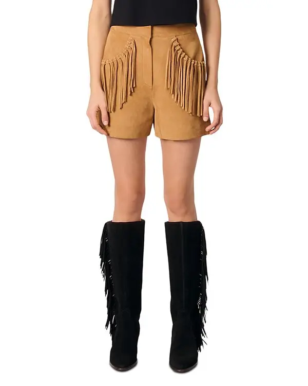 Maje Fringed Nubuck Shorts - Beige