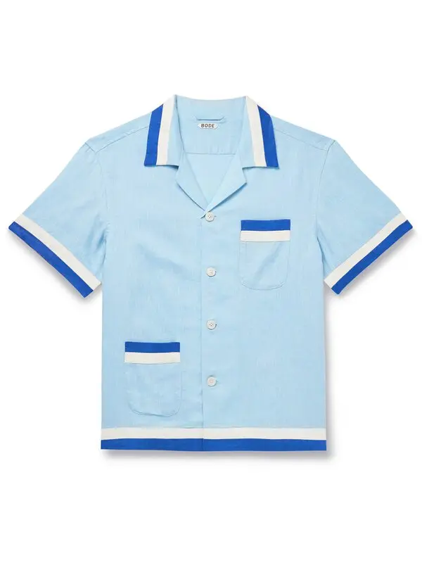 BODE Seedling Stripe Camp-collar Appliquéd Linen Shirt - Blue