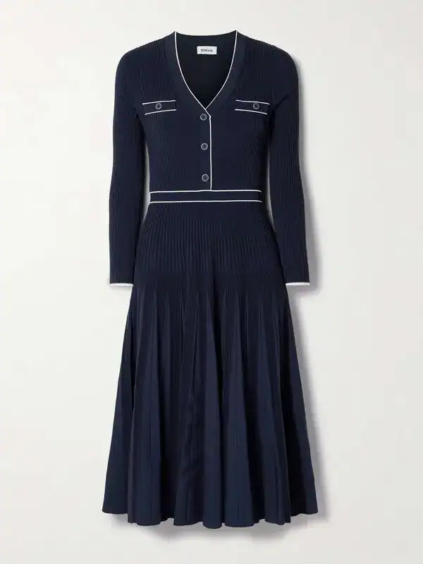 eloise striped rib-knit pleated midi dress Eloise Striped Rib-Knit Pleated Midi Dress