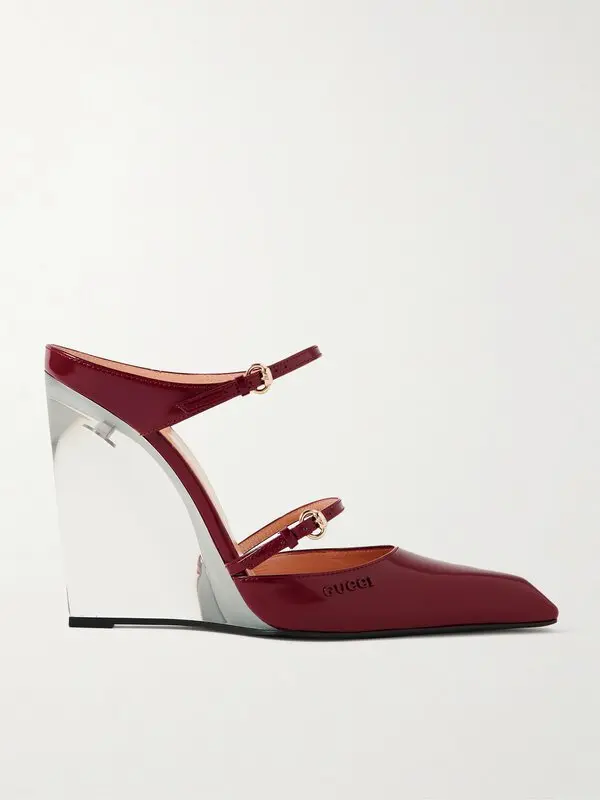 Gucci Glossed-leather Wedge Mules - Burgundy