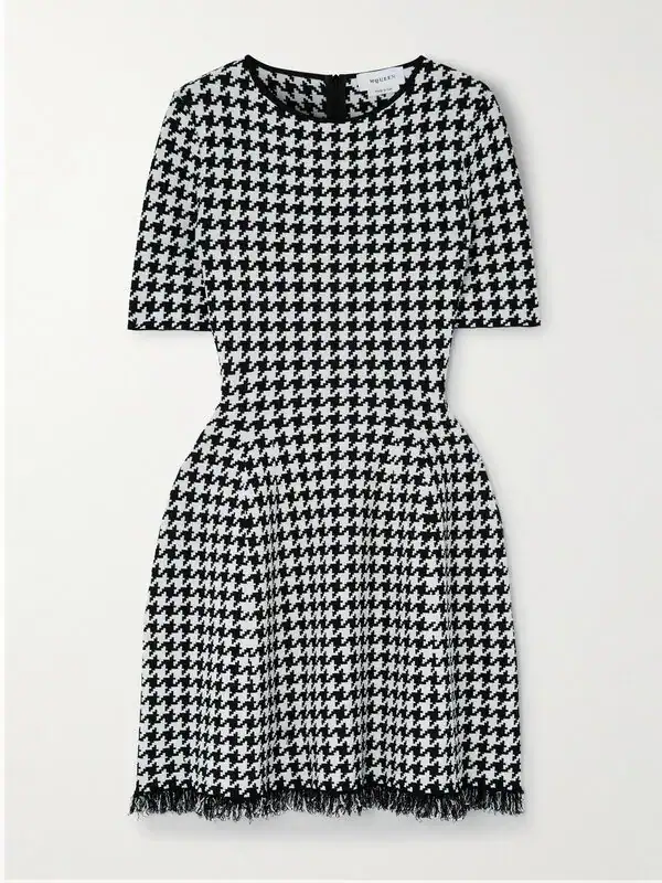 Alexander Mcqueen Fringed Houndstooth Jacquard-Knit Mini Dress - Black |  Editorialist