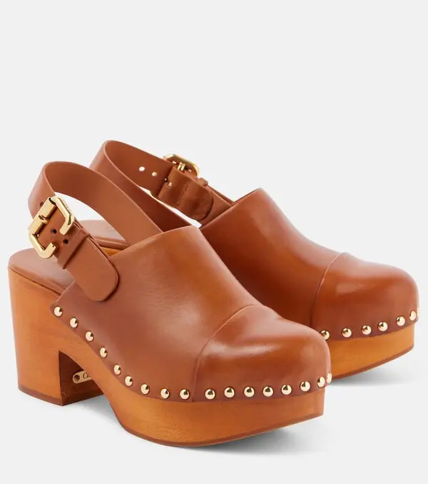 Chloé Jeannette Leather Wedge Clogs - Brown