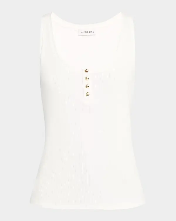 ANINE BING Alessia Ribbed Button Tank Top - Ivory