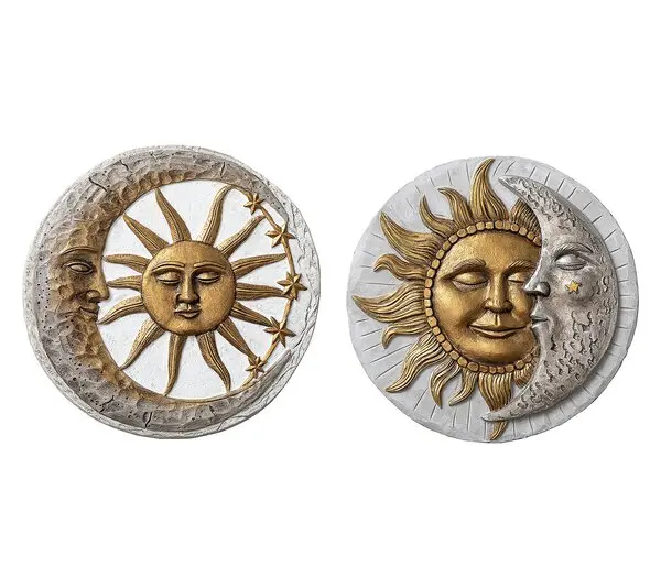 GLITZHOME 10' Cement Sun And Moon Textured Step Ping Stones S/2