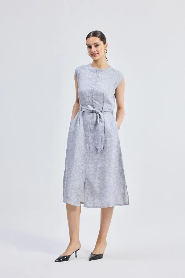 REISTOR Back Cut Out Linen Midi Dress - Stripe