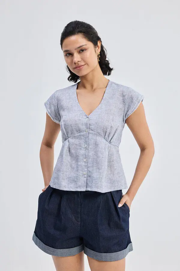 REISTOR Linen Deep V-neck Short Top - Stripe