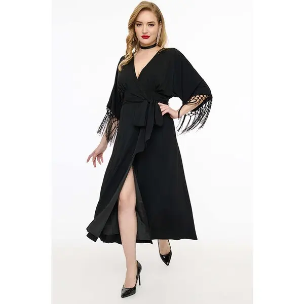 Unique Vintage Tie Wrap Surplice Midi Dress - Black